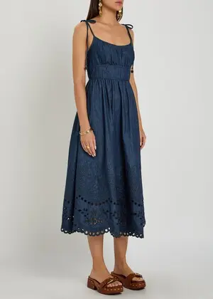 Zimmermann Mahon Broderie Anglaise Denim Midi Dress