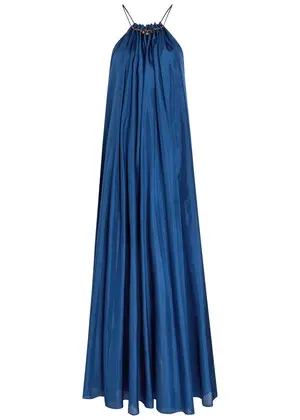 Zimmermann Aster Gathered Silk Maxi Dress Dark Blue