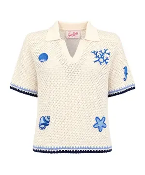 MC2 SAINT BARTH Embroidered Open-knit Polo Shirt - White