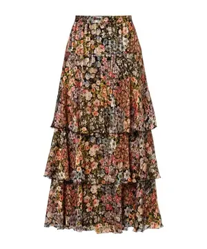 Valentino Garavani Floral Plissé Tiered Silk Maxi Skirt - Brown