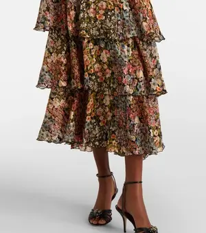 Valentino Garavani Floral Plissé Tiered Silk Maxi Skirt