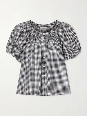 DÔEN June Gathered Checked Cotton Blouse - Black