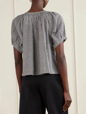 DÔEN June Gathered Checked Cotton Blouse - Black