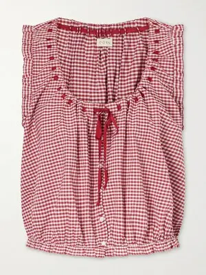 DÔEN Traveler Gingham Organic Cotton Blouse With Ruffle Trim - Red