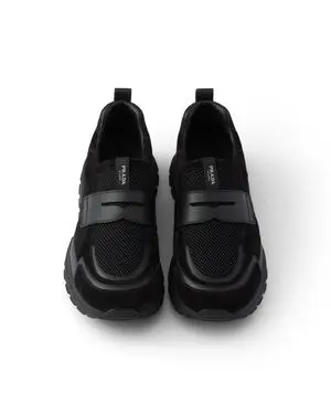 Prada Mesh Fabric And Leather Loafers - Black