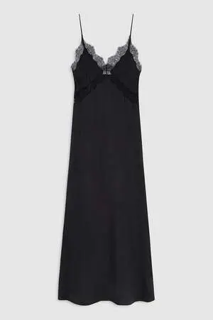 ANINE BING Silk Blend Lace Trim Maxi Slip Dress