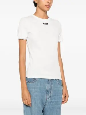 Miu Miu Logo Patch Crew Neck T-shirt With Lace Trim Cuffs