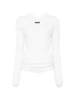 Miu Miu Ribbed Knit Long Sleeve Top With Ruffled Neckline