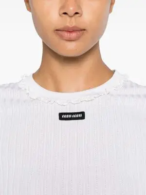 Miu Miu Ribbed Knit Long Sleeve Top With Ruffled Neckline