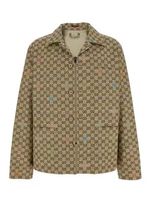 Gucci Beige Shirt With Spread Collar And Two Front Welt Pockets In Gg Canvas - Multicolor