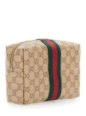 Gucci Beige Pouch With All-over Gg Motif And Web Detail In Fabric For - Multicolor
