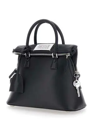 MAISON MARGIELA Black Leather Handbag With Applied Logo Patch And Side Keys - Multicolor