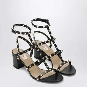 Valentino Garavani Rockstud Calfskin Leather Block Heel Sandals - Black