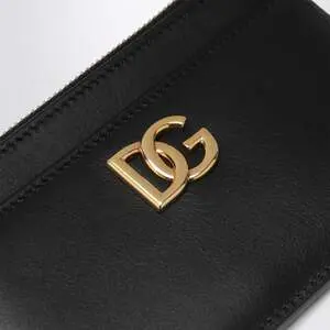 Dolce & Gabbana Leather Zip Card Holder With Dg Logo - Black
