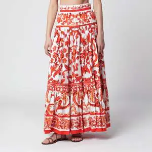 Dolce & Gabbana Long Printed Cotton Poplin Skirt - Orange