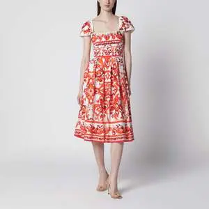 Dolce & Gabbana Maiolica Print Cotton Poplin Dress - Orange