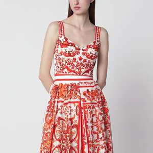 Dolce & Gabbana Maiolica Print Charmeuse Bustier Top - Orange