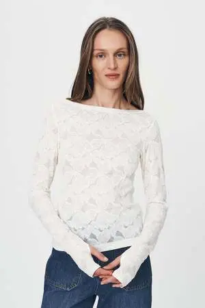 ROWIE Samantha Lace Top With Boat Neckline And Thumbholes