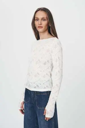 ROWIE Samantha Lace Top With Boat Neckline And Thumbholes