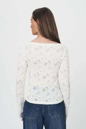 ROWIE Samantha Lace Top With Boat Neckline And Thumbholes