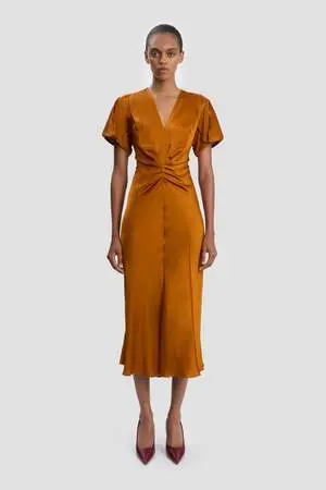 Victoria Beckham Eve Midi Dress With Contrasting Topstitching - Bronze