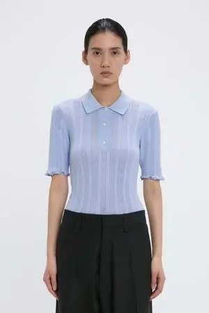 Victoria Beckham Frill Polo Top - Cloud Blue