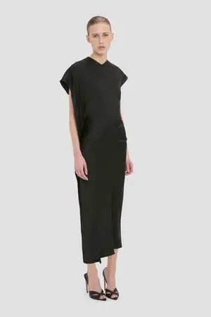 Victoria Beckham Midi Dress With Thumb Holes And Asymmetric Hem - Black