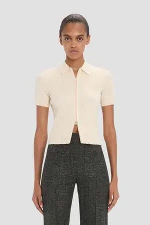 Victoria Beckham Ribbed Knit Polo Top - Beige