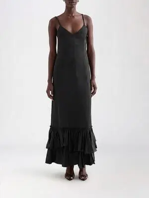 JIL SANDER Long Silk Blend Dress With V-neck And Ruffled Hem - Black