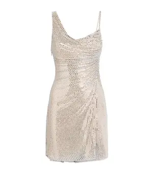 SELF-PORTRAIT Rhinestone Draped Mini Dress - Silver