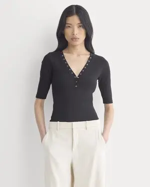 Everlane Luxe Rib V-neck Henley Top - Black