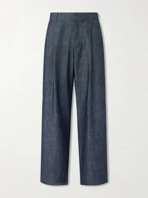 Nn07 Kay 10056 Pleated Organic Cotton-chambray Trousers - Blue