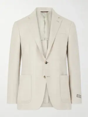 Canali Kai Herringbone Wool, Linen And Silk-blend Blazer - Neutrals