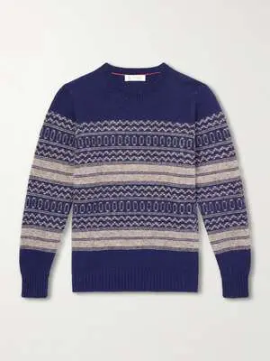 Brunello Cucinelli Fair Isle Brushed-knit Alpaca-blend Crewneck Sweater - Navy