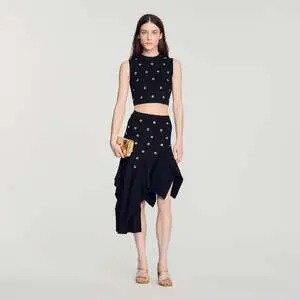 Sandro Studded Asymmetrical Knit Skirt - Black