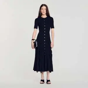 Sandro Knit Maxi Dress With Ruffles - Black