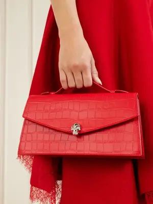 Alexander McQueen Skull Embellished Croc-effect Leather Clutch