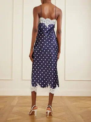 SELF-PORTRAIT Lace-trimmed Polka-dot Satin Midi Dress