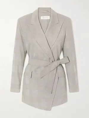 Max Mara Belted Checked Wool Blazer - Gray