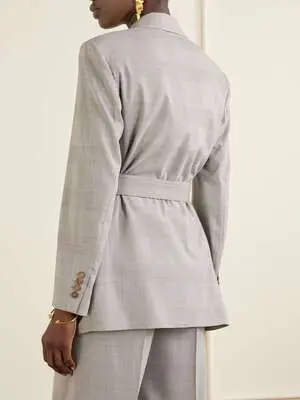Max Mara Belted Checked Wool Blazer - Light Gray