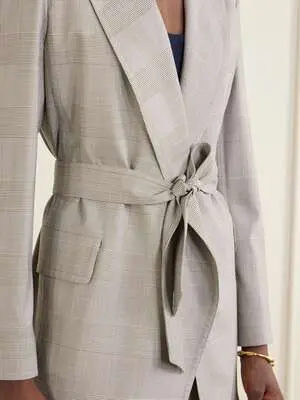 Max Mara Belted Checked Wool Blazer - Light Gray
