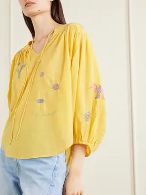 MOTHER The Breeze Embroidered Cotton-blend Voile Blouse - Yellow