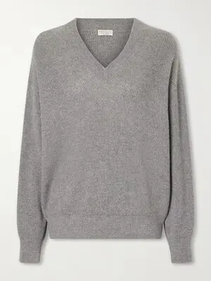 Brunello Cucinelli Ribbed-knit Metallic Cashmere-blend Sweater - Gray