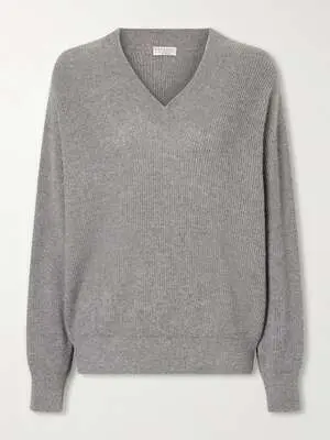 Brunello Cucinelli Ribbed-knit Metallic Cashmere-blend Sweater - Light Gray