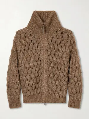 Brunello Cucinelli Sequin-embellished Mohair-blend Zip-up Cardigan - Brown