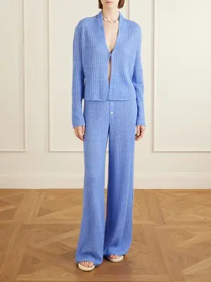 Guest In Residence Everywear Ribbed Cashmere And Linen-blend Wide-leg Pants - Blue