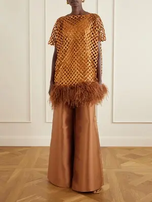 DIMA AYAD Embellished Feather-trimmed Sequin Blouse