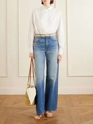 Muuñ Bicro M Woven Straw Tote With Leather Trim