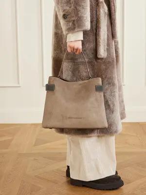 Brunello Cucinelli Suede Shoulder Bag With Beaded Embellishments - Gray