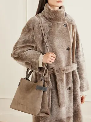 Brunello Cucinelli Suede Shoulder Bag With Beaded Embellishments - Gray